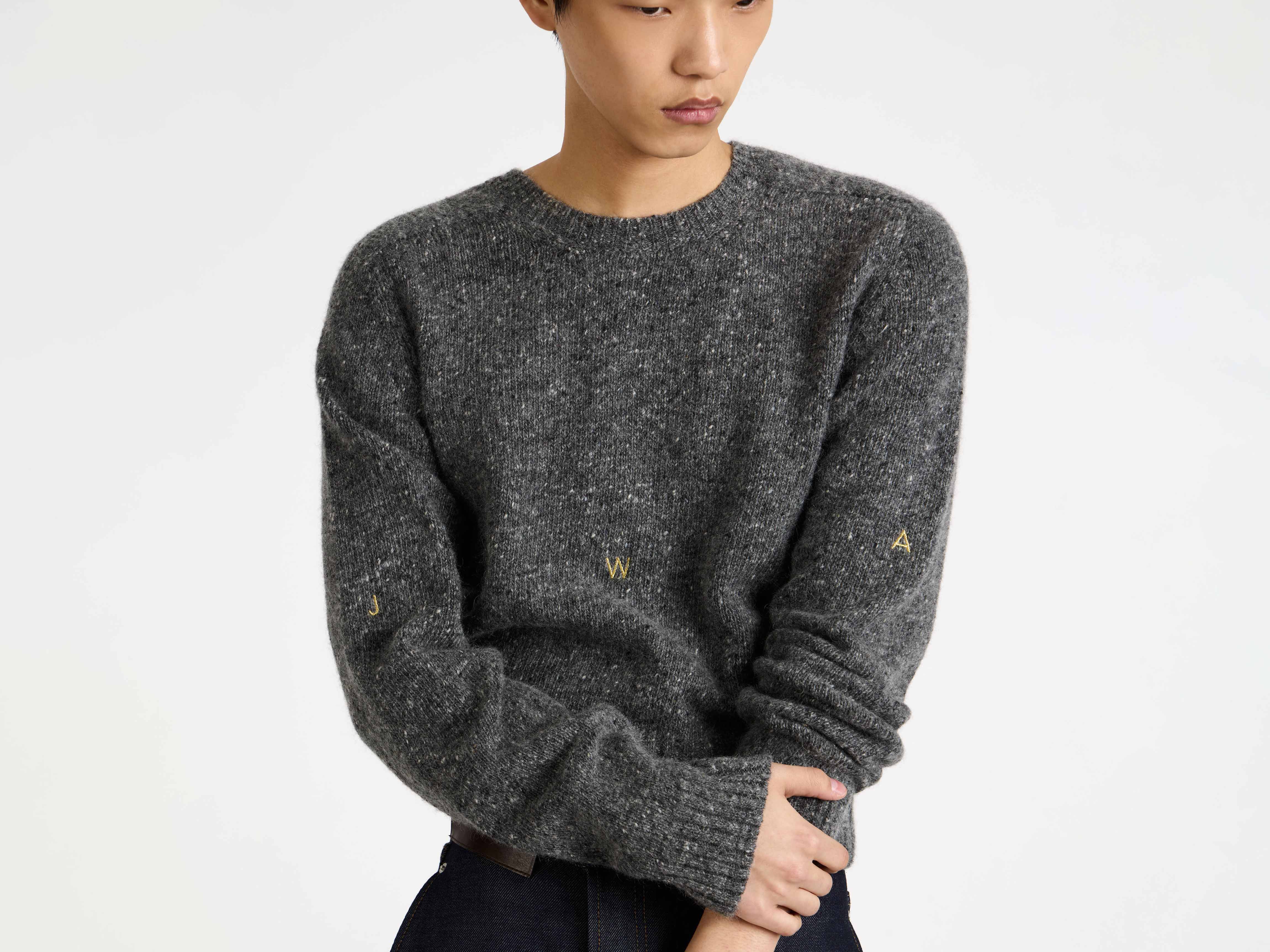 MENS SLEEVE EMBROIDERED CREW NECK JUMPER IN CHARCOAL MELANGE in ...